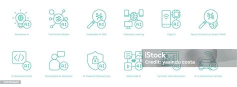 Ai Technology Icons Generative Ai Cybersecurity And Autonomous Vehicles Stock Illustration