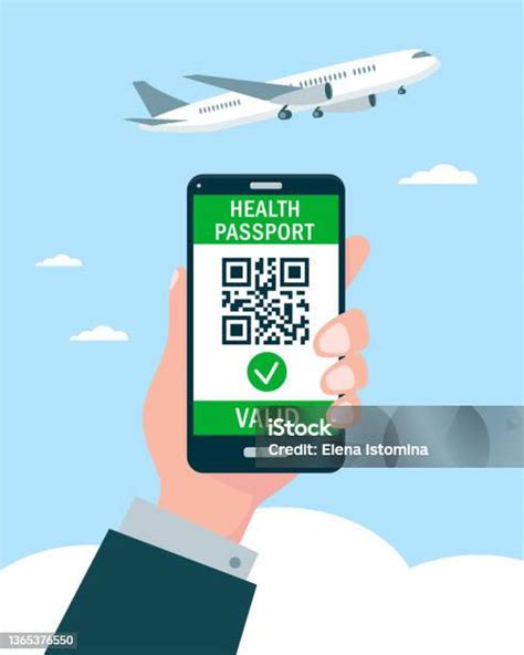 화면에 건강 여권 Qr 코드와 스마트 폰을 들고 하늘에 비행기 Brand Name Smart Phone에 대한 스톡 벡터 아트 및 기타 이미지 Brand Name