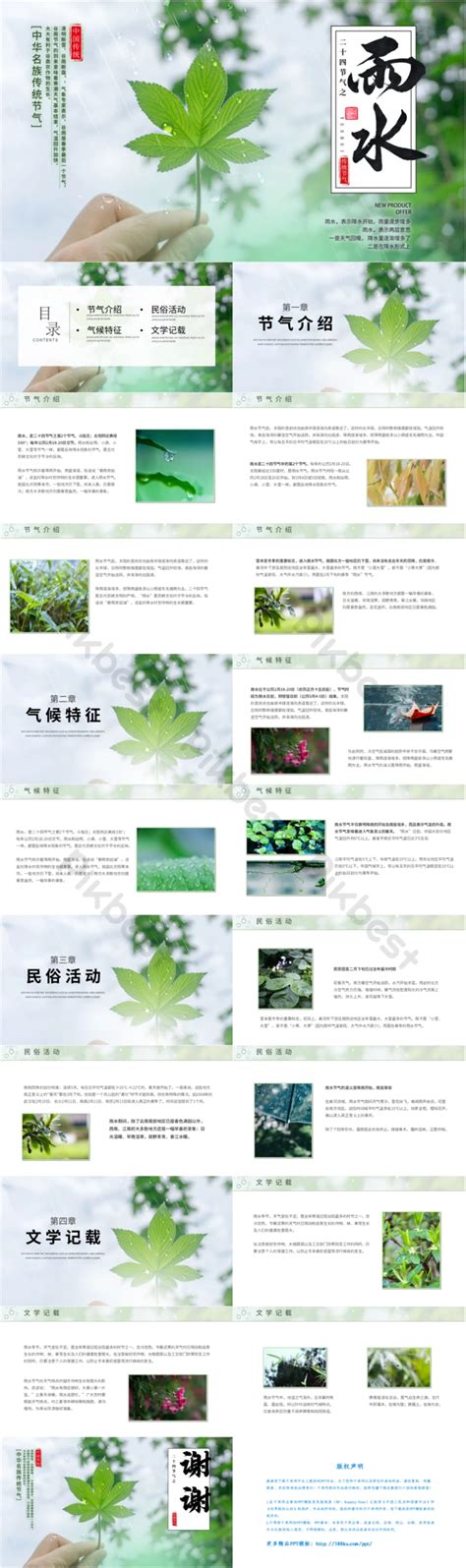 Green Leaves Element Rain Solar Terms Introduction PPT Template