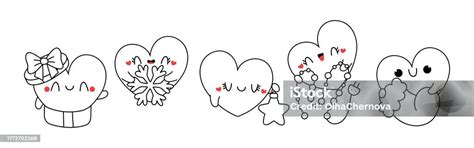 벡터 크리스마스 하트 색칠 공부 페이지의 집합입니다 Kawaii 고립 새해 캐릭터 개요 모음 0명에 대한 스톡 벡터 아트 및