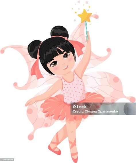 분홍색 드레스를 입은 귀여운 만화 발레리나 작은 요정 손에 마법의 지팡이 어두운 머리를 가진 소녀가 요정 의상을 입고 발레를 춤추고 있습니다 흰색 배경에서 격리된 벡터