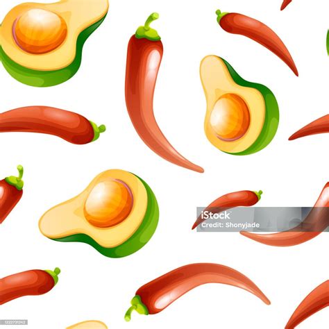 아보카도 과일의 절반 안에 씨앗과 뜨거운 칠리 페퍼와 원활한 패턴 흰색 배경에 고립 된 귀여운 만화 스타일의 벡터 일러스트레이션