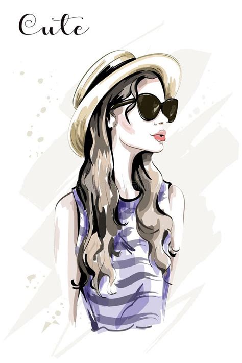 Hand Drawn Beautiful Young Woman In Hat Fashion Woman In Sunglasses