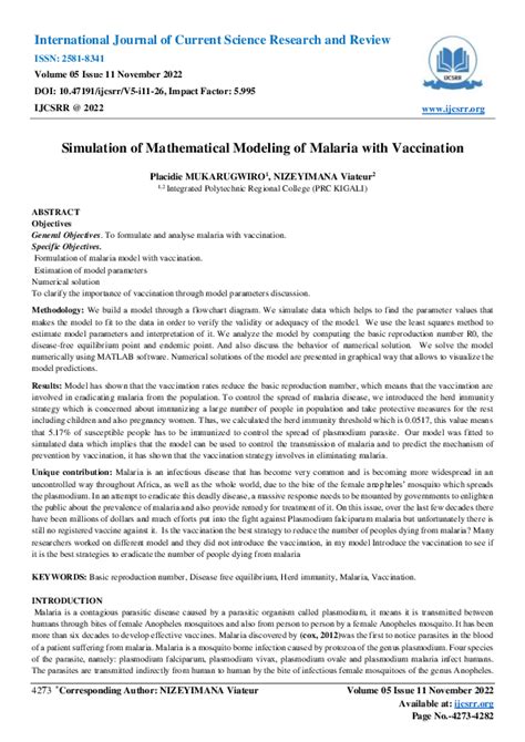 Pdf Simulation Of Mathematical Modeling Of Malaria With Vaccination