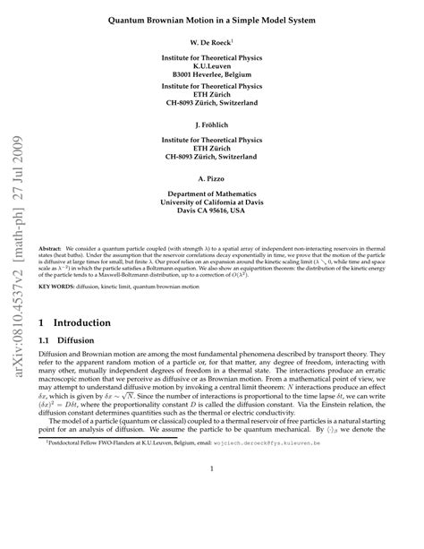 Pdf Quantum Brownian Motion In A Simple Model System
