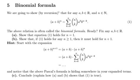 Solved Binomial Formula Going To Show By Recursion1 That