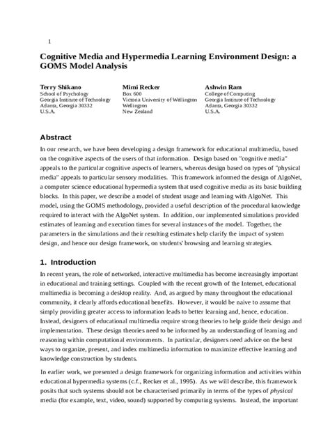 Cognitive Media And Hypermedia Learning Environment Design Doc Template