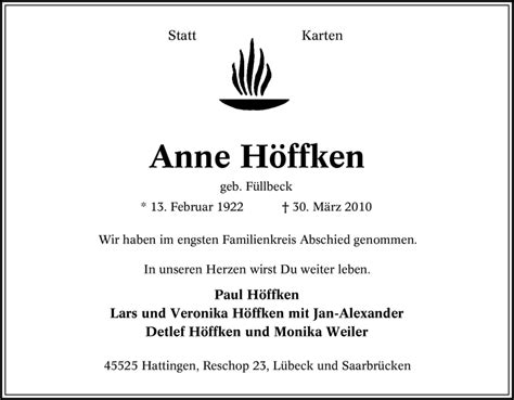 Traueranzeigen Von Anne Höffken Trauer In Nrw De