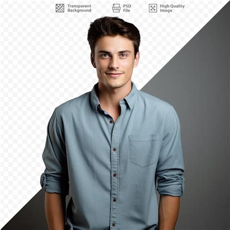 Um homem uma camisa azul que diz ele está sorrindo PSD Premium
