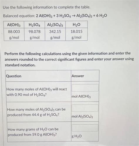 Solved Balanced Equation 2al Oh 3 3h2so4→al2 So4 3 6h2o
