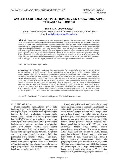 Pdf Analisis Laju Pengausan Perlindungan Zink Anoda Pada Kapal