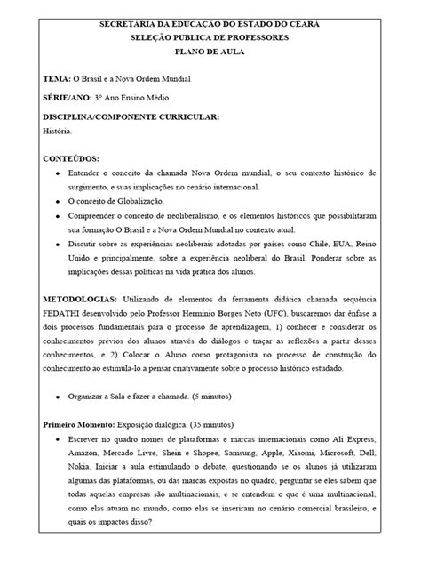 Plano De Aula Brasil E Nova Ordem Mundial Pdf Neoliberalismo