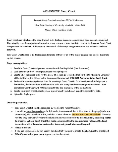 Gantt Chart Assignment Instructions Assignment Gantt Chart Gantt