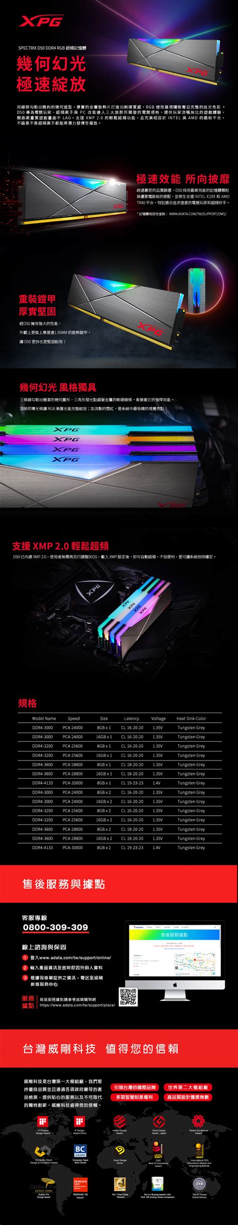 Adata 威剛 Xpg Spectrix D50 Ddr4 3600 32g 16gx2 Cl18 Rgb炫光記憶體《銀河灰