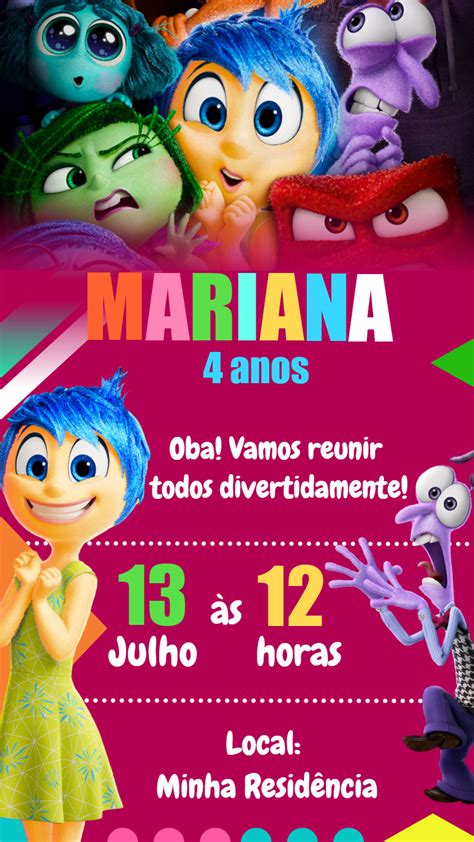 Convite aniversário Divertida Mente Edite grátis nosso editor online