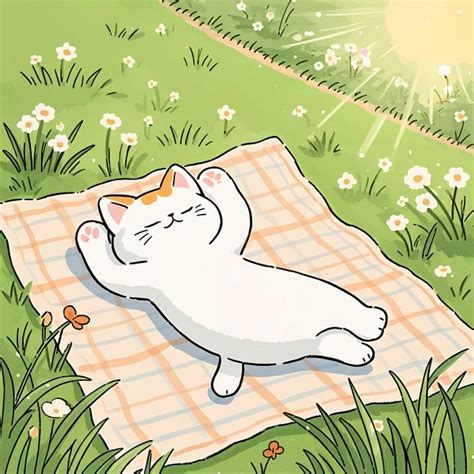 春天参考线条小狗的风格线条小猫躺在大草原上晒太阳 花瓣网
