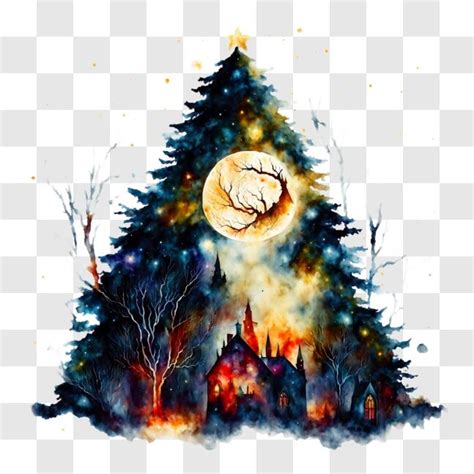 Baixe Pintura em aquarela de uma árvore de Natal iluminada lua e