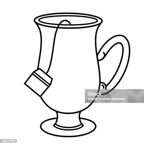 차 벡터 아이콘이 있는 컵 흰색 배경에 격리 된 손으로 그린 그림 아름다운 유리 머그잔 티백에 뜨거운 건강 음료 간식의 스케치