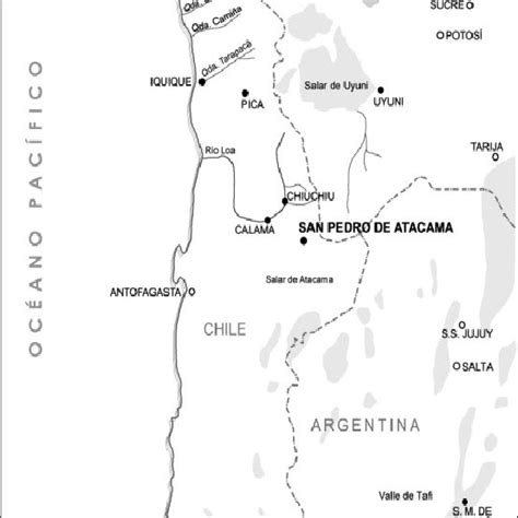 Mapa del Norte Grande de Chile con la localización de San Pedro de