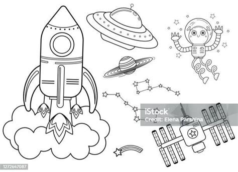 재미있는 착색 아이 공간 교통 세트 우주선 Ufo 우주 정거장 및 우주 로봇 만화 흑백 벡터 일러스트는 흰색 배경에 고립 만화에
