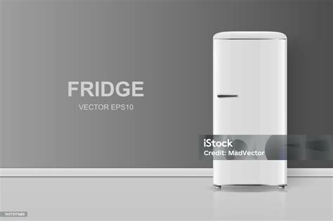 벡터 배너 3d 현실적인 화이트 레트로 빈티지 냉장고 절연 수직 간단한 냉장고 닫힌 냉장고 디자인 템플릿 냉장고의 모형 정면보기