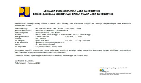 PT SERTIFIKASI BADAN USAHA JASA KONSULTANSI SERBUJAKONS Telah