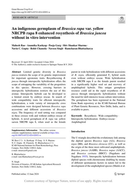 An Indigenous Germplasm Of Brassica Rapa Var Yellow Nrcpb Rapa 8