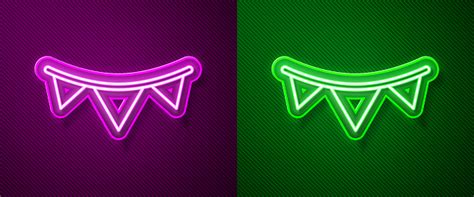 보라색과 녹색 배경에 고립 된 플래그 아이콘 빛나는 네온 라인 카니발 화환 생일 축하 축제 장식파티 페넌트 벡터 생일에 대한