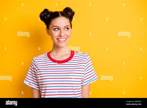 Photo Of Sweet Funny Young Woman Wear Striped T Shirt Lokking Empty