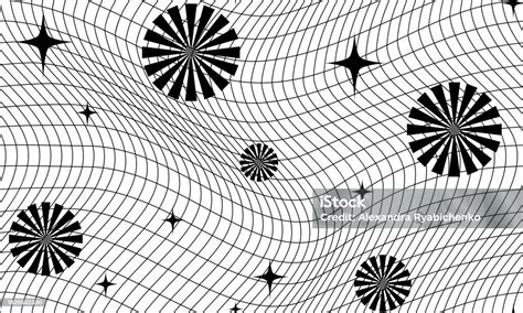 Retro Futuristic Abstract Wavy Grid And Geometric Shapes Seamless Pattern Stock Illustration