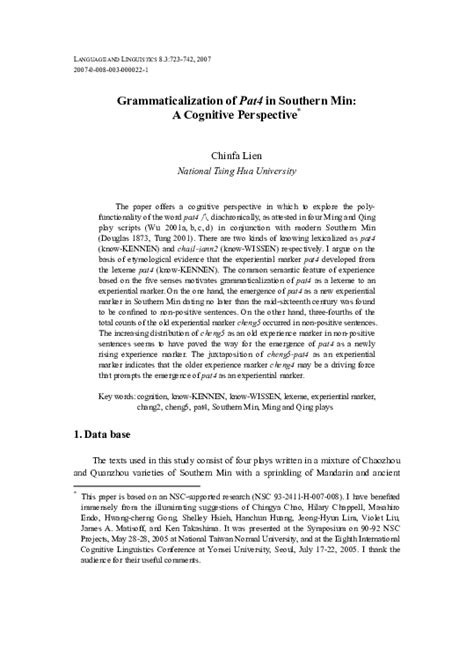 Pdf Grammaticalization Of Pat4 In Southern Min A Cognitive Perspective
