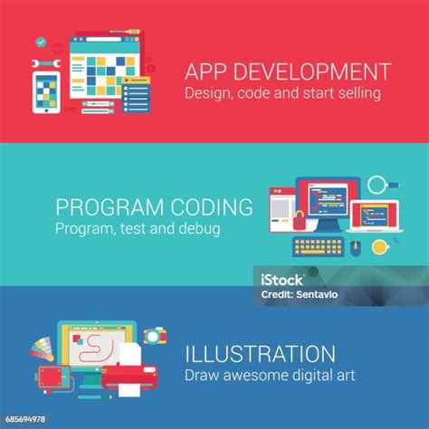 응용 프로그램 개발 코드 프로그래밍 개념 평면 아이콘 설정 코딩 디자인 테스트 디버깅 그리기 및 벡터 웹 배너 그림 인쇄 자료 웹 사이트 인포 그래픽 요소 컬렉션을 클릭