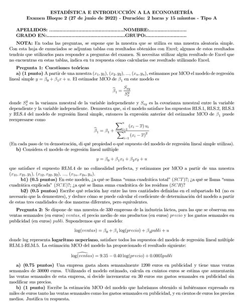 Examen junio 2022 ESTADÕSTICA E INTRODUCCIN A LA ECONOMETRÕA Examen