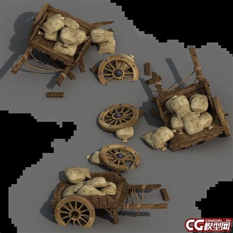 破车，破粮车，古代运输粮食的车辆，麻袋，00wang1122作品车辆人力车cg模型网 花瓣网