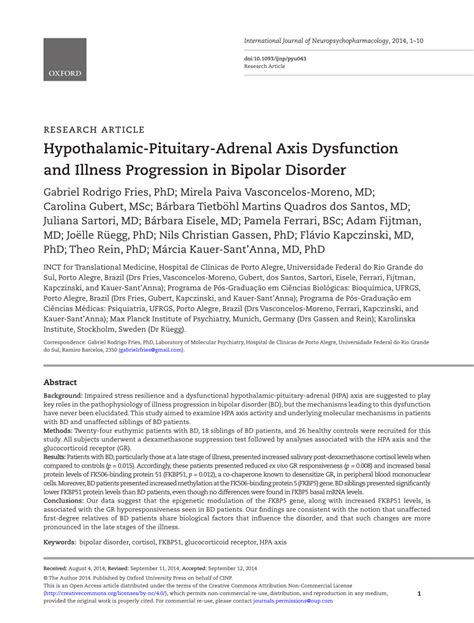 Pdf Hypothalamic Pituitary Adrenal Axis Dysfunction And Illness Progression In Bipolar Disorder