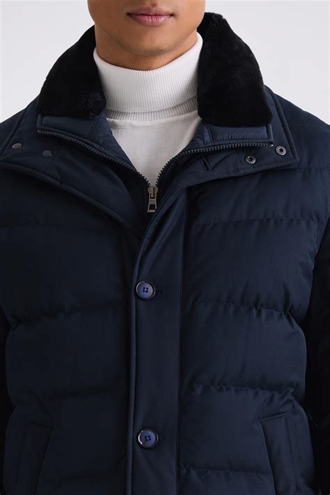 Lacivert Regular Fit Yaka Kürklü Düğmeli Şişme Mont JK RF M Jakamen