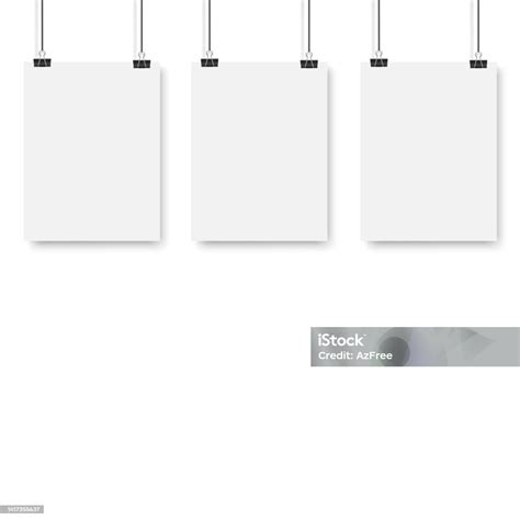 바인더 클립에 매달려있는 빈 포스터 A4 흰 종이 시트가 클립이있는 로프에 매달려 있습니다 벡터 0명에 대한 스톡 벡터 아트 및 기타 이미지 Istock