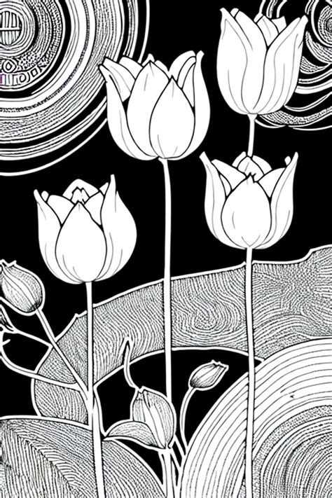 チューリップの塗り絵『彩のない豊饒』【大人の塗り絵アート 図柄の無料ダウンロード】 印刷・商用利用可 無料プリントのスタプリ