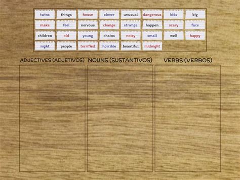Classify Verbs Nouns And Adjectives Categorize