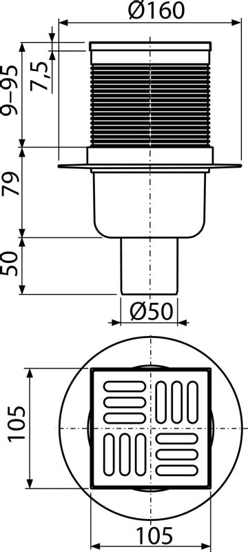 APV32 - Floor drain 105×105/50 mm straight outlet, stainless steel grid ...