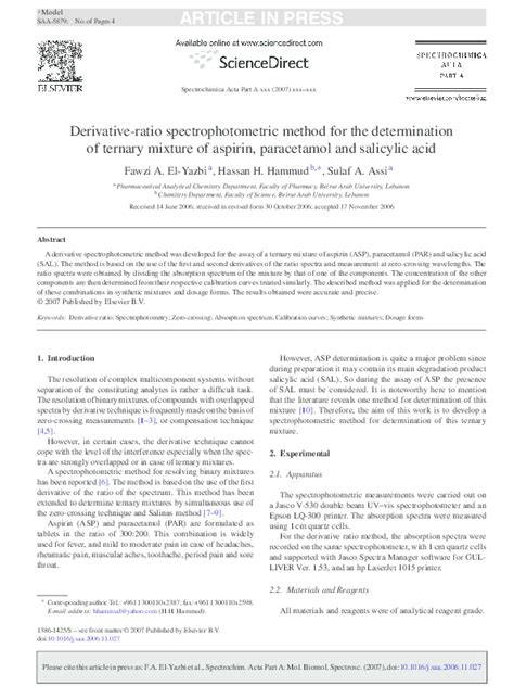 Pdf Derivative Ratio Spectrophotometric Method For The Determination
