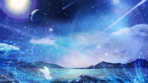 รูปพื้นหลังการ์ตูนแม่น้ำภูเขาใต้ท้องฟ้าเต็มไปด้วยดวงดาวสีฟ้า สีน้ำเงิน