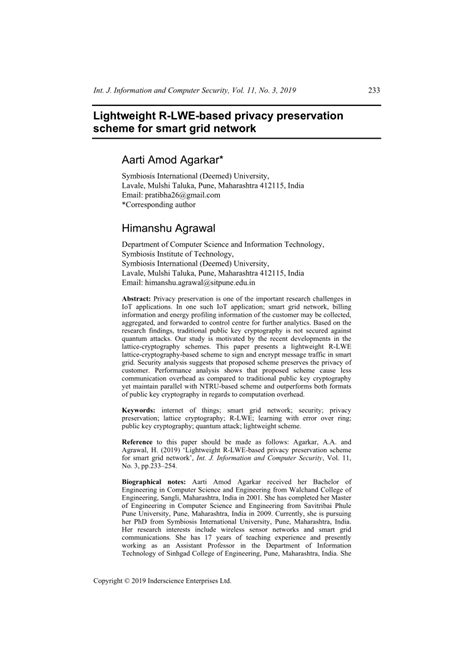 Pdf Lightweight R Lwe Based Privacy Preservation Scheme For Smart Grid Network