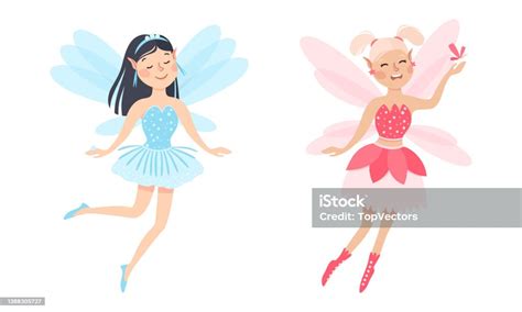 날개 벡터 일러스트와 파란색과 분홍색 드레스에 행복 한 여자 엘프의 세트 개체 그룹에 대한 스톡 벡터 아트 및 기타 이미지 개체 그룹 귀여운 꼬마 요정 Istock