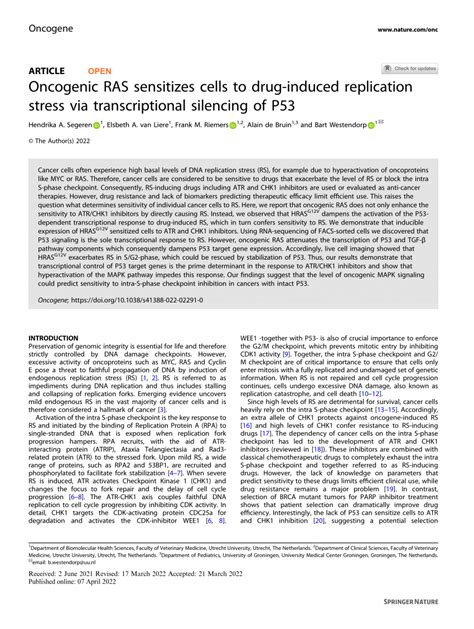 Pdf Oncogenic Ras Sensitizes Cells To Drug Induced Replication Stress