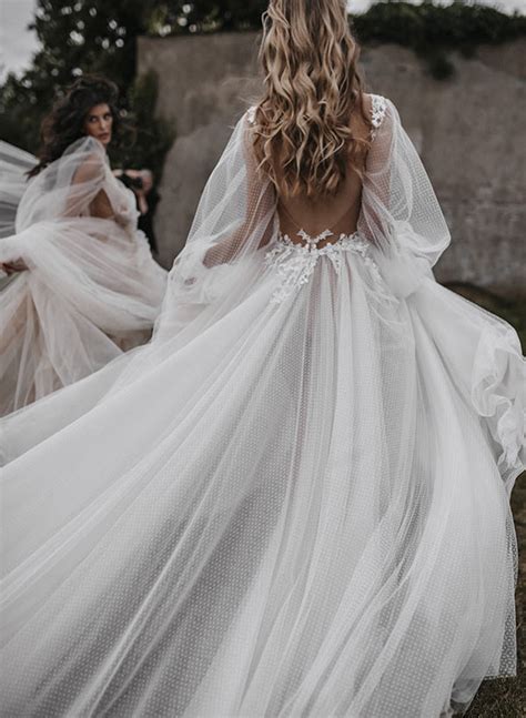 A Line V Neck Sweep Train Tulle Wedding Dress With Lace Missacc