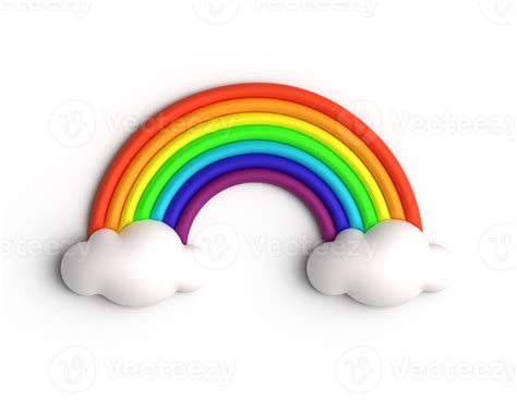 Colourful 3d Render Rainbow Arc And Clouds On Isolated In Sky Blue