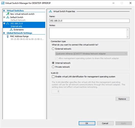 Windows Newly Created Internal Network In Hyper V Is Undefined