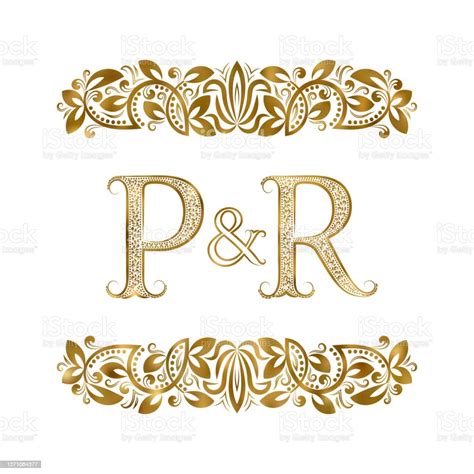 P 와 R 빈티지 이티즈 기호 문자는 장식 요소로 둘러싸여 있습니다 결혼식 또는 비즈니스 파트너 로얄 스타일의 모노그램 결혼식에 대한 스톡 벡터 아트 및 기타 이미지