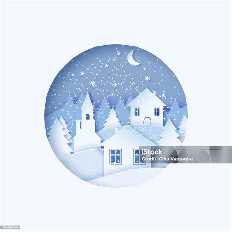 3d 추상 파스텔 종이 잘라 겨울 도시 밤 교회와 소나무 그림 벡터 템플릿 크리스마스에 대한 스톡 벡터 아트 및 기타 이미지 크리스마스 0명 겨울 Istock